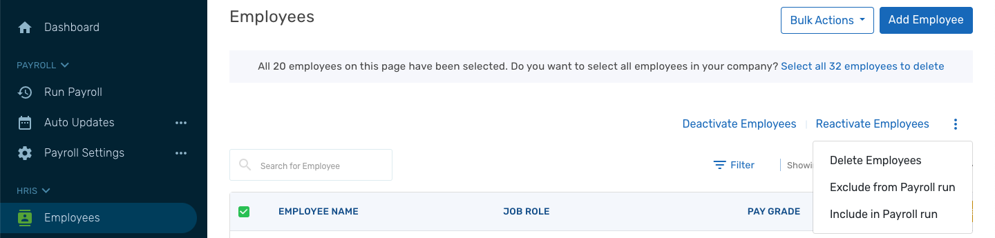 Bulk Delete Employees Checkbox On Payroll